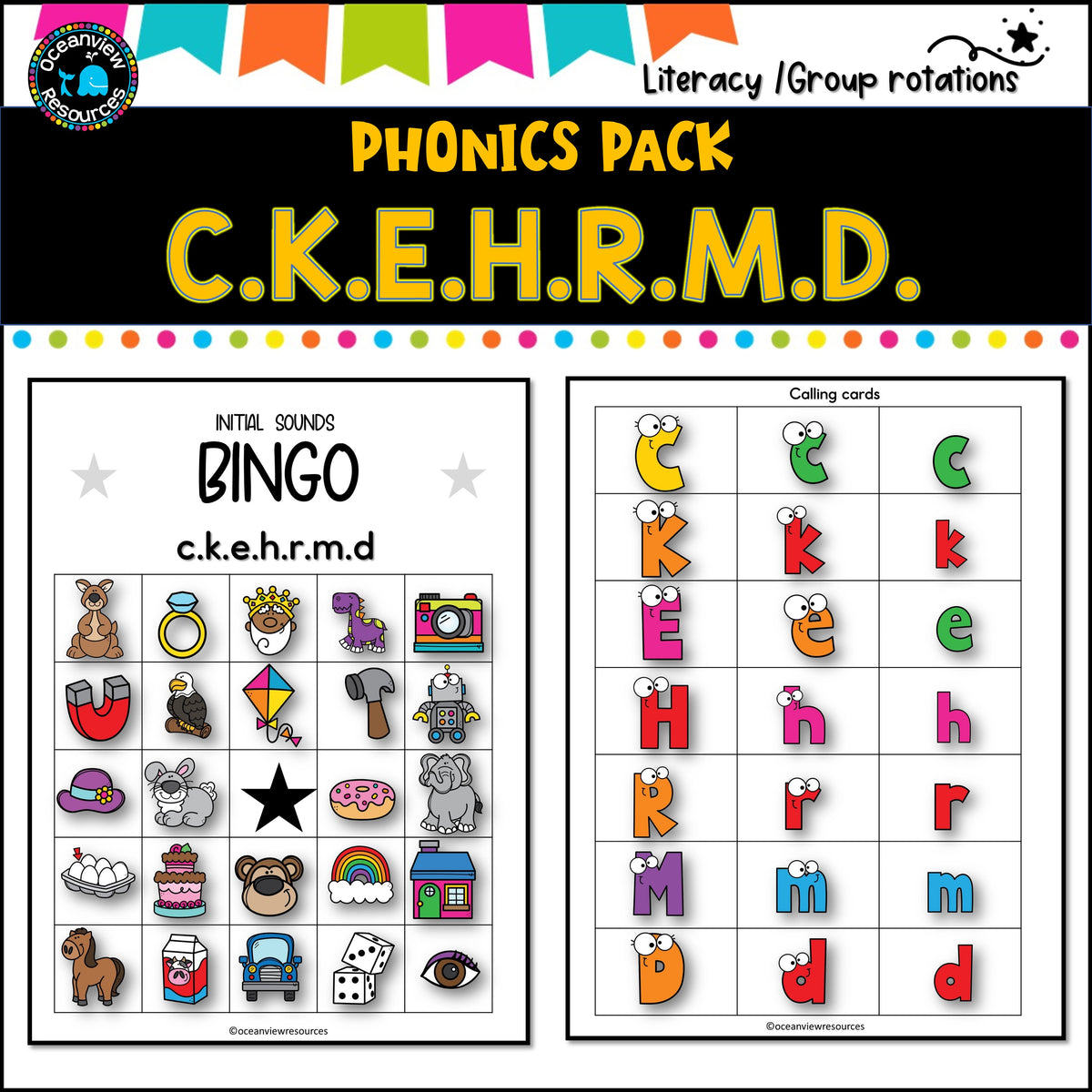 Phonics Bingo, peg cards, write the room, word match, worksheets C K E
