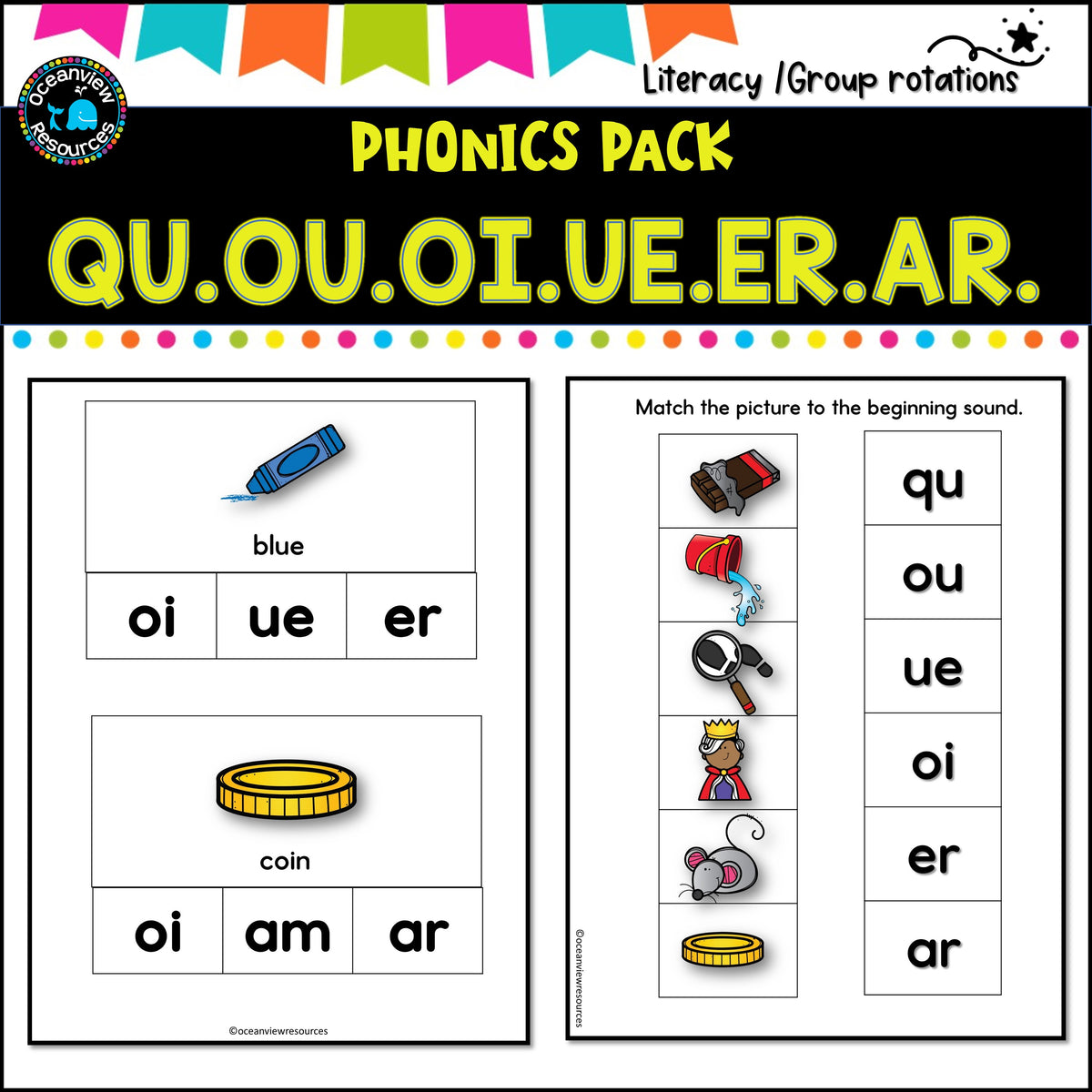Phonics Bingo, peg cards, write the room, word match, worksheets QU OU