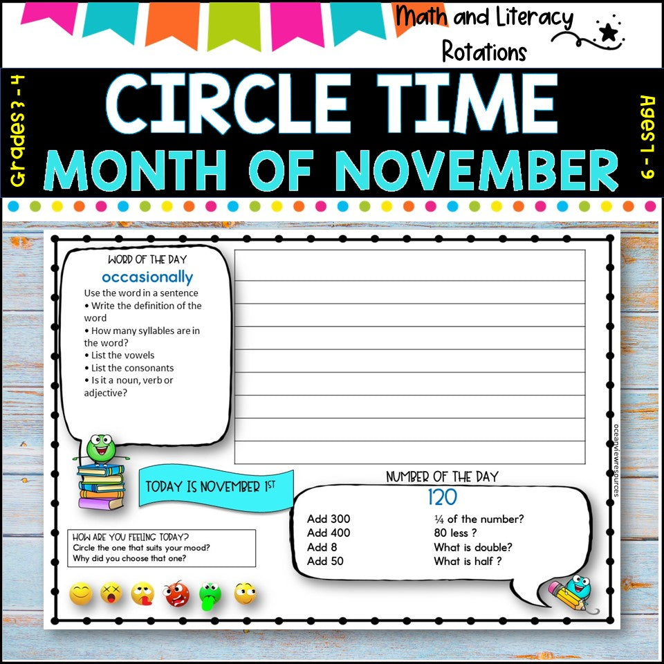 NOVEMBER NO Prep - SUB Pack -Literacy and Number -Grades 3-4 (30 days