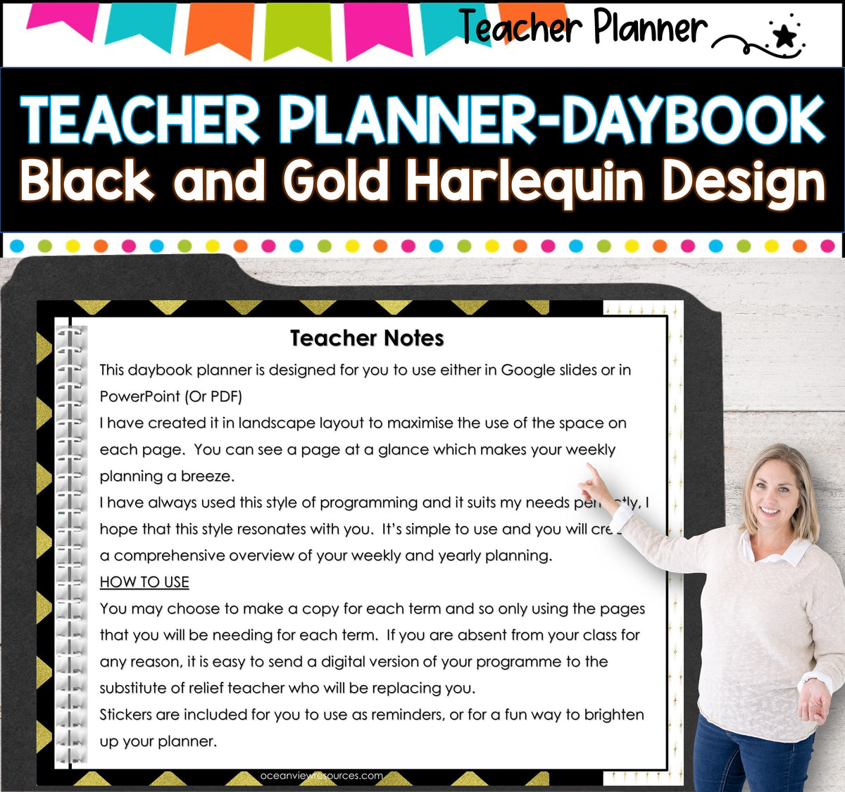 Daybook Planner for Teachers- BLACK AND GOLD DESIGN PDF I GOOGLE SLIDE