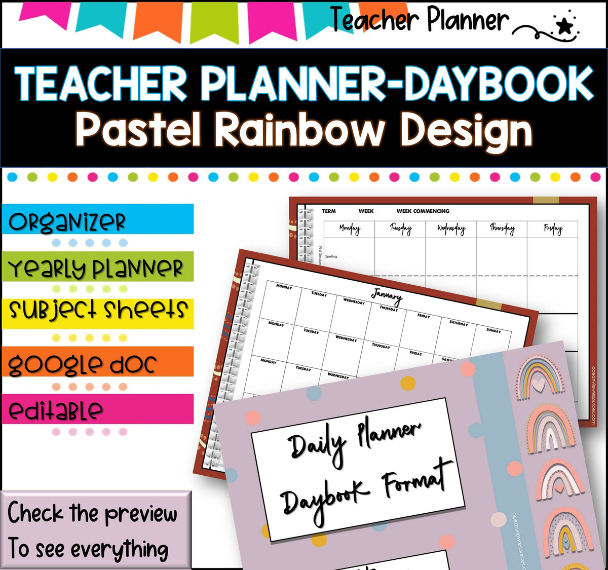 Daybook Planner for Teachers- PASTEL RAINBOW DESIGN PDF I GOOGLE SLIDE