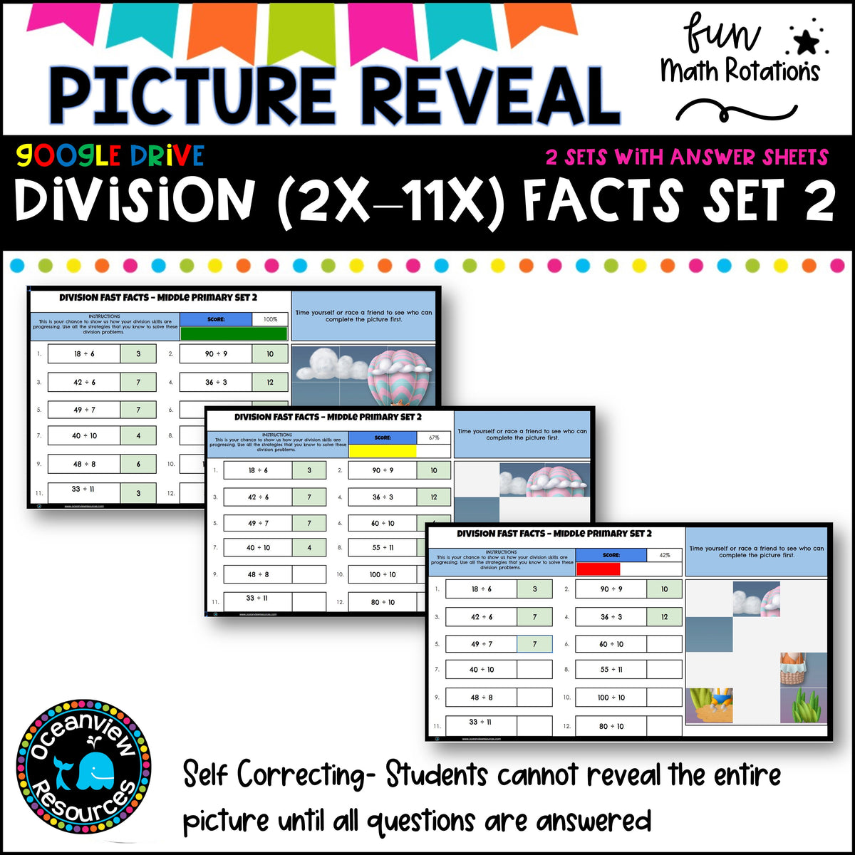 FUN Picture reveal DIGIT mixed division with worksheets (2 sets)