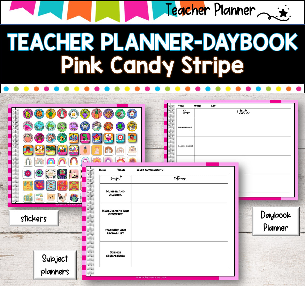 Daybook Planner for Teachers- PINK STRIPED PDF I GOOGLE SLIDES I PPT