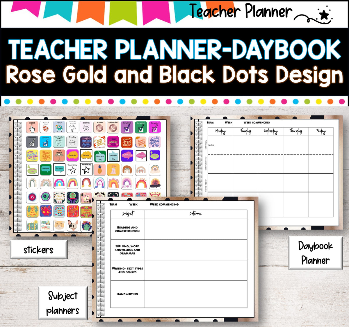 Daybook Planner for Teachers- Rose Gold and Black SPOTS PDF I GOOGLE S