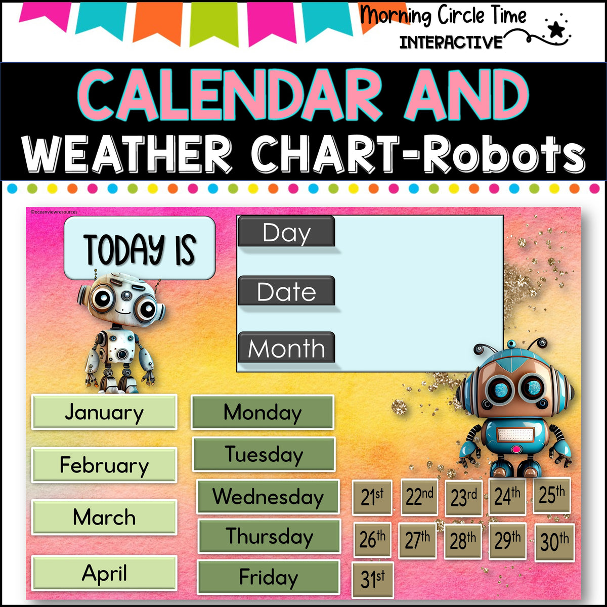 Daily Calendar and Weather chart- Interactive PowerPoint- ROBOT THEME