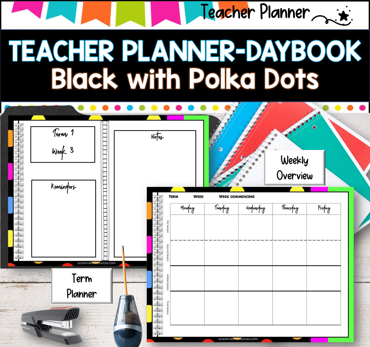Daybook Planner for Teachers- BLACK POLKA DOTS