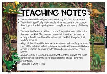 Spelling Choice board Years 1-2-Dinosaur Theme