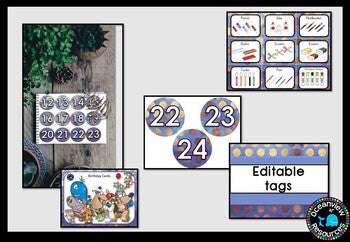 Blue and Gold Spotted classroom DECOR pack. (editable)