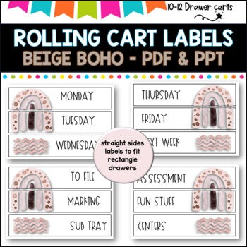 10 Drawer Rolling Cart Labels | BEIGE BOHO RAINBOW DESIGN I Teacher Tr