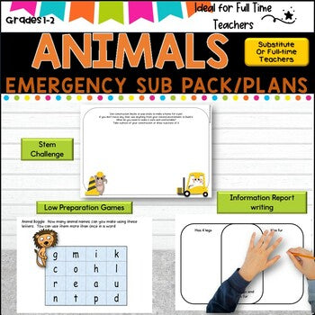 Grade 1-2 Emergency Sub Plans/SUB Pack (Animals)