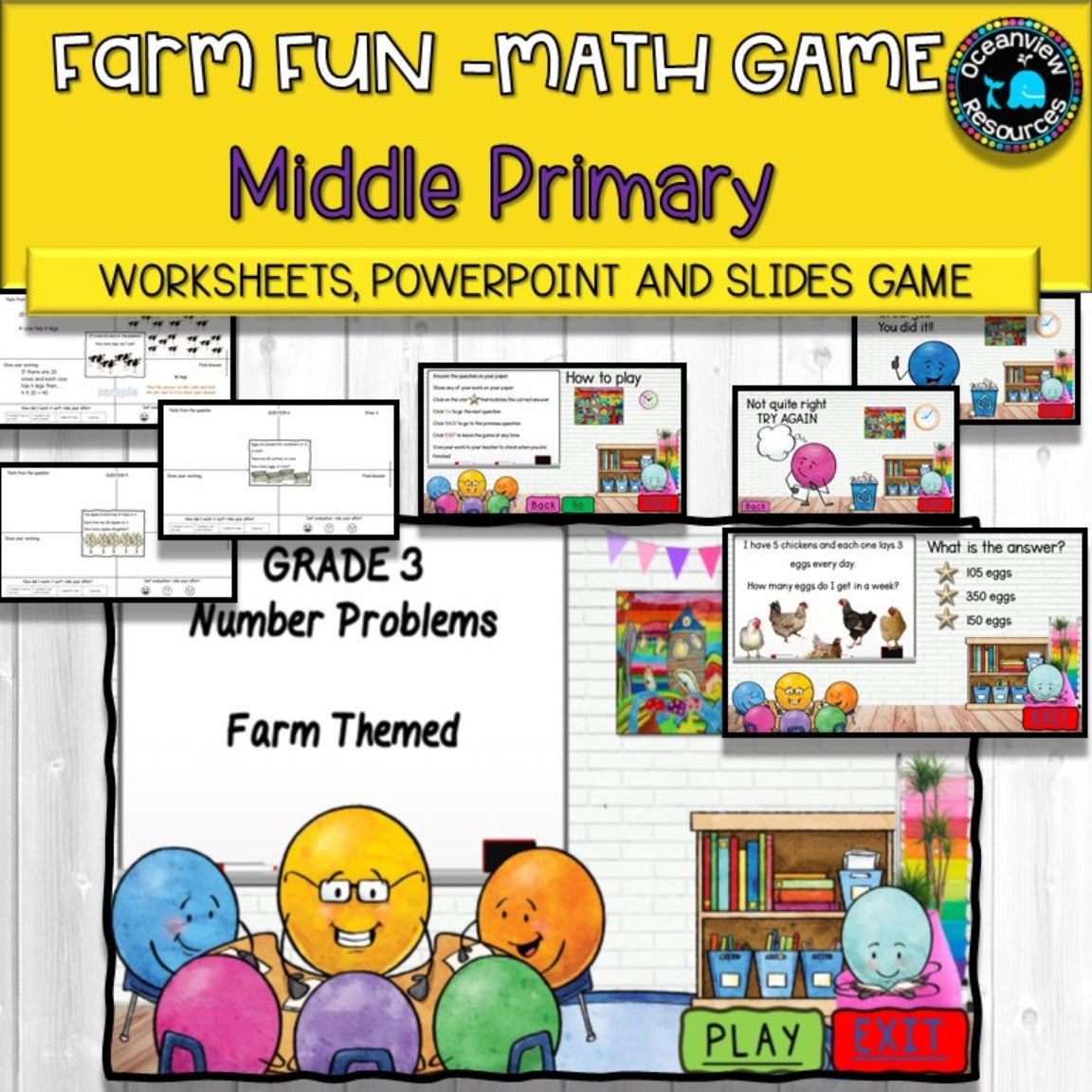 Farm Math Problems for Middle Primary students-Powerpoint game and wor